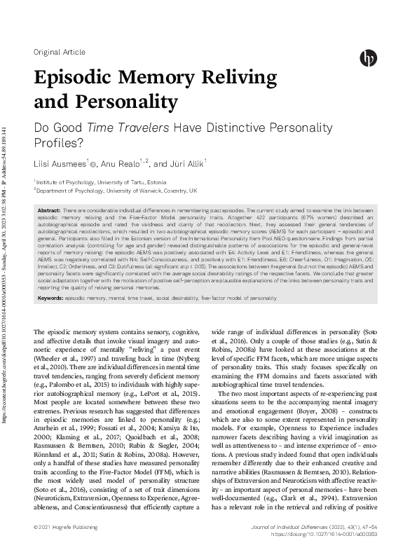 (PDF) Episodic Memory Reliving and Personality
