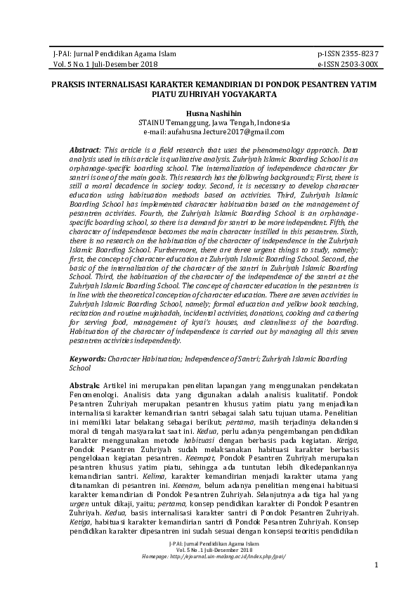 (PDF) Praksis Internalisasi Karakter Kemandirian DI Pondok Pesantren Yatim Piatu Zuhriyah ...