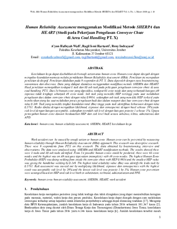 (PDF) Human Reliability Assessment menggunakan Modifikasi Metode SHERPA dan HEART (Studi pada ...