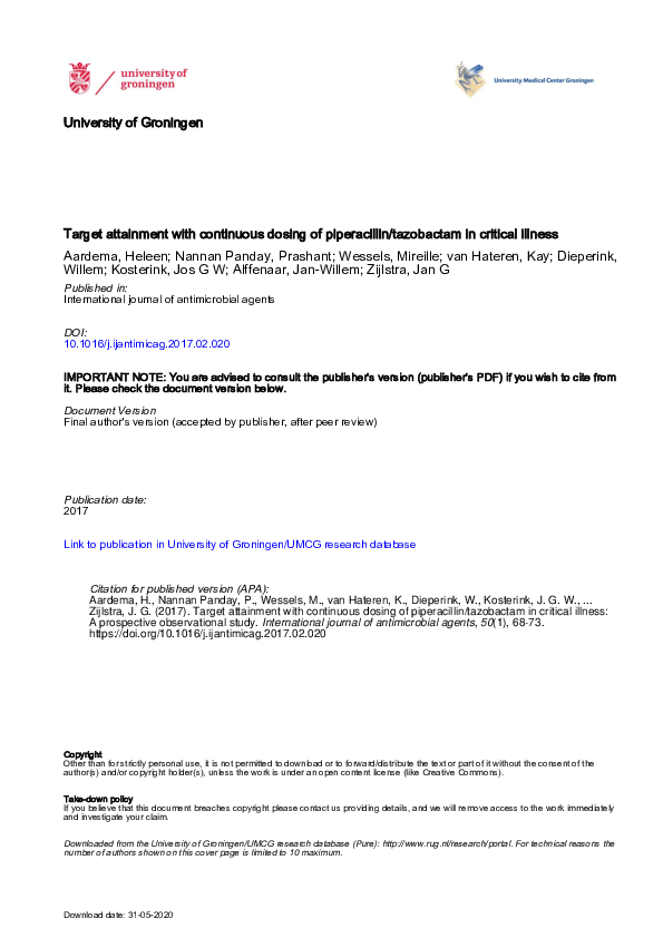 (PDF) Target attainment with continuous dosing of piperacillin/tazobactam in critical illness: a ...