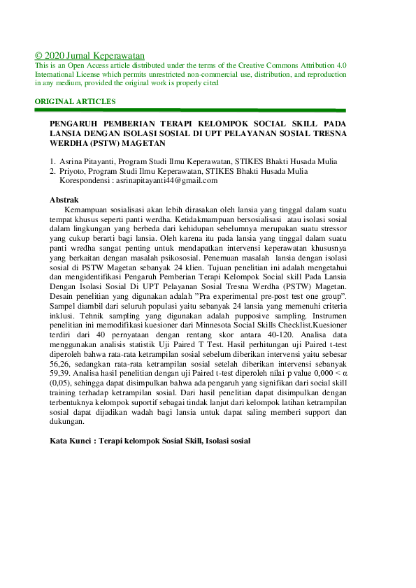 (PDF) Pengaruh Pemberian Terapi Kelompok Social Skill Pada Lansia Dengan Isolasi Sosial DI Upt ...