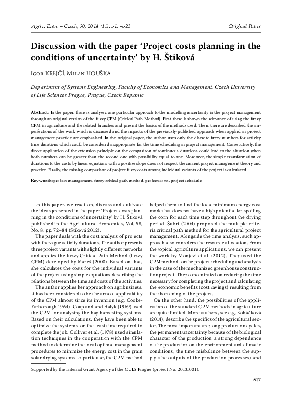 (PDF) Discussion with the paper 'Project costs planning in the ...