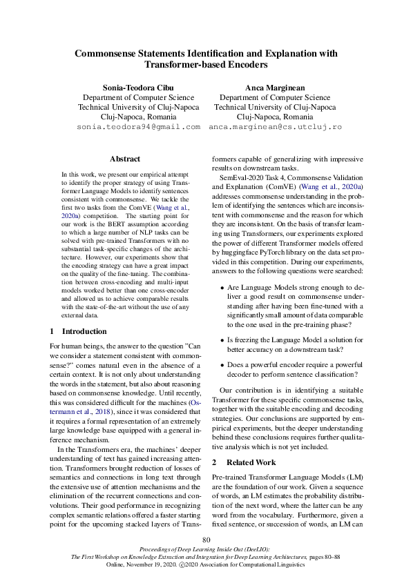 Pdf Commonsense Statements Identification And Explanation With Transformer Based Encoders