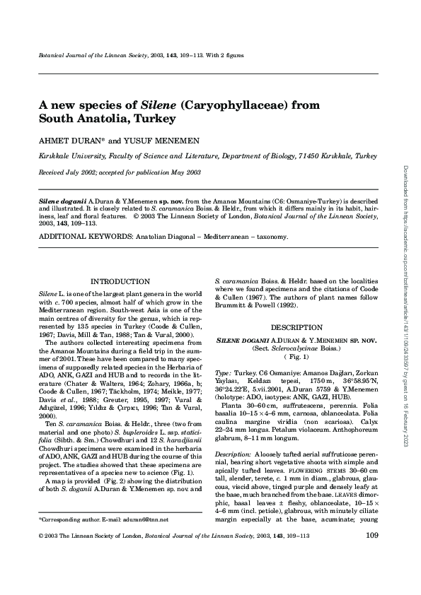 (PDF) A new species of Silene (Caryophyllaceae) from South Anatolia, Turkey