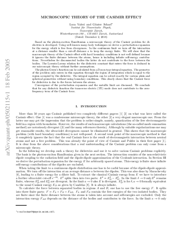 (PDF) Microscopic theory of the Casimir effect