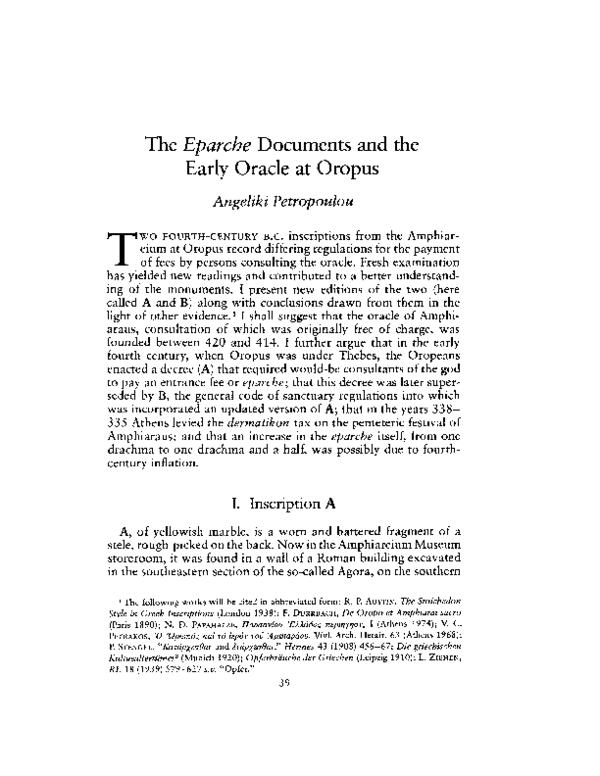 (PDF) The Eparche Documents and the Early Oracle at Oropus