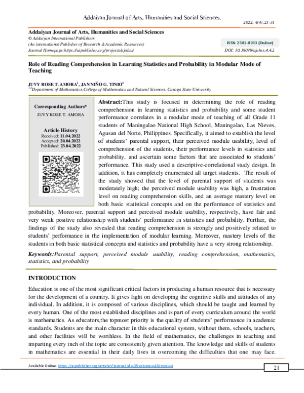 (PDF) Role of Reading Comprehension in Learning Statistics and ...