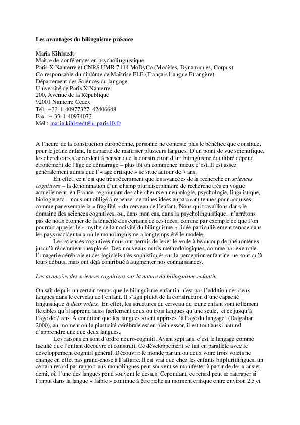 (PDF) Les avantages du bilinguisme précoce