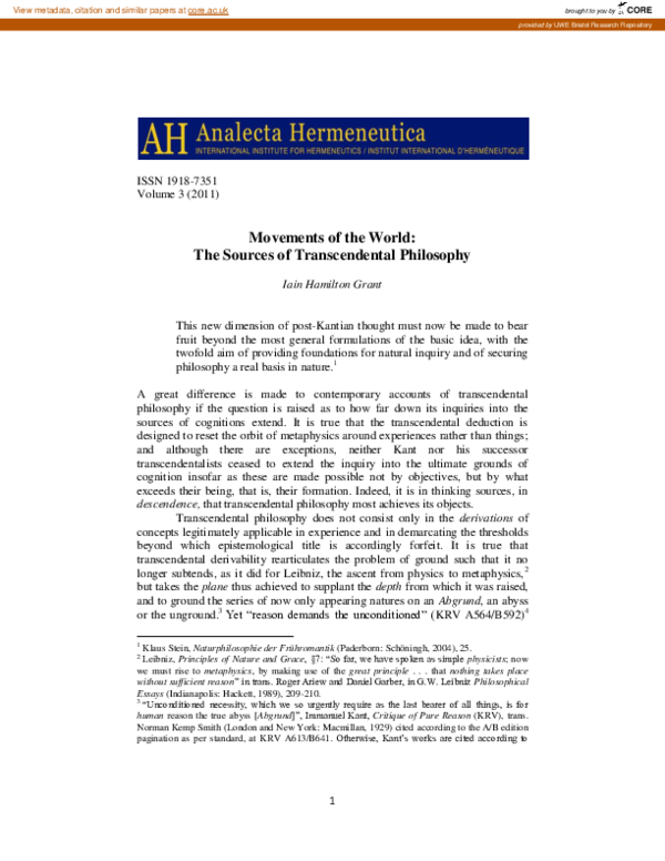 (PDF) Movements of the World: The Sources of Transcendental Philosophy