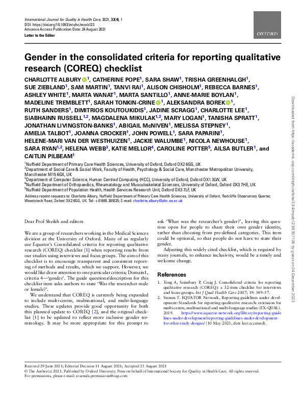 (PDF) Gender in the consolidated criteria for reporting qualitative ...