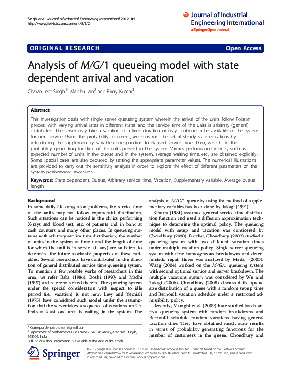 Pdf Analysis Of M G 1 Queueing Model With State Dependent Arrival And Vacation