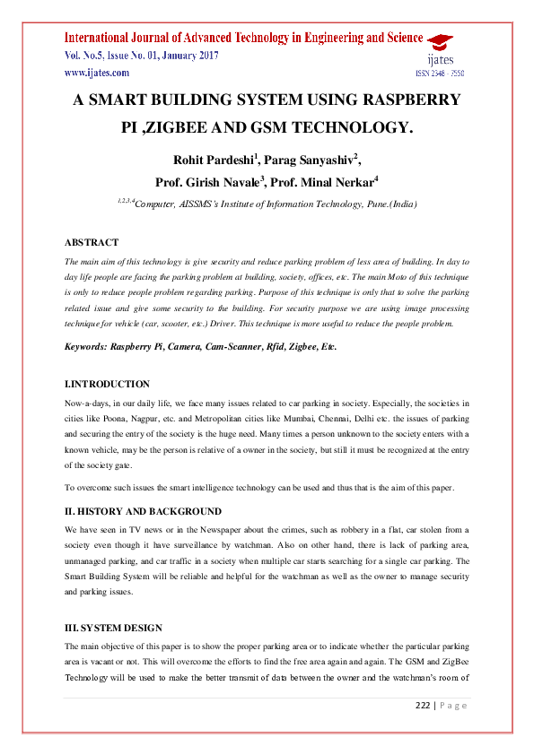 Pdf A Smart Building System Using Raspberry Pi Zigbee And Gsm Technology