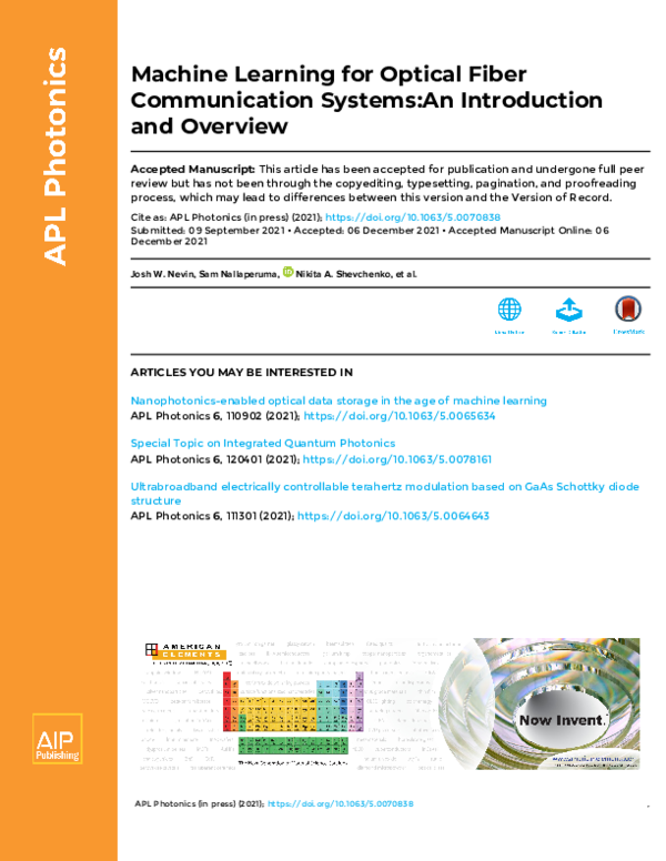(PDF) Machine learning for optical fiber communication systems: An ...