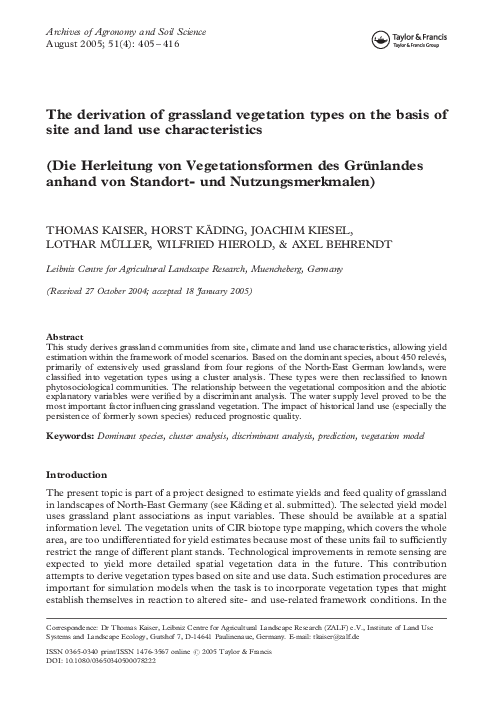 (PDF) The derivation of grassland vegetation types on the basis of site and land use characteristics