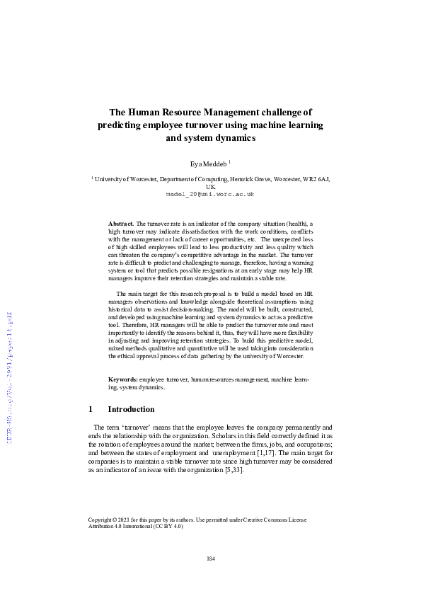 Pdf The Human Resource Management Challenge Of Predicting Employee Turnover Using Machine