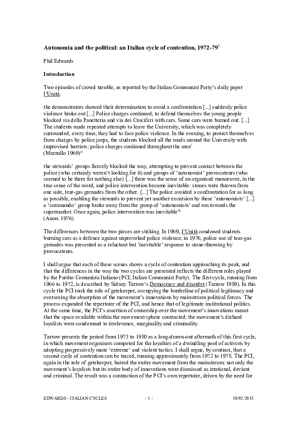 (PDF) Autonomia and the Political: An Italian Cycle of Contention, 1972 ...