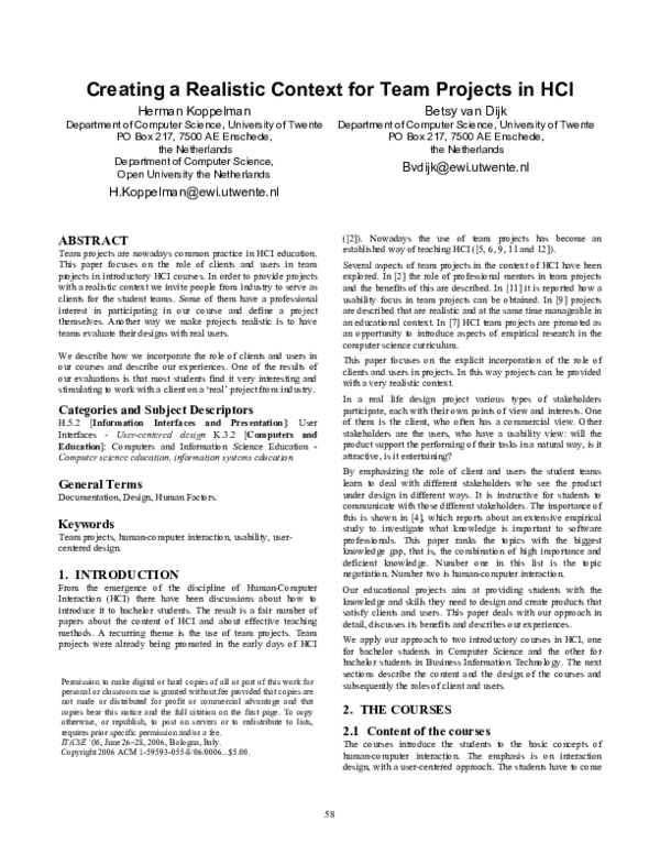 (PDF) Creating a realistic context for team projects in HCI
