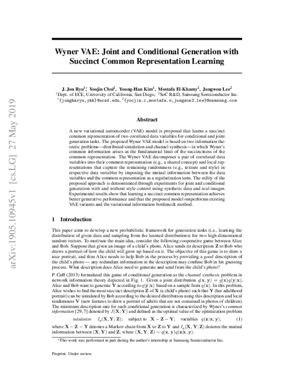 (PDF) Wyner VAE: Joint and Conditional Generation with Succinct Common Representation Learning