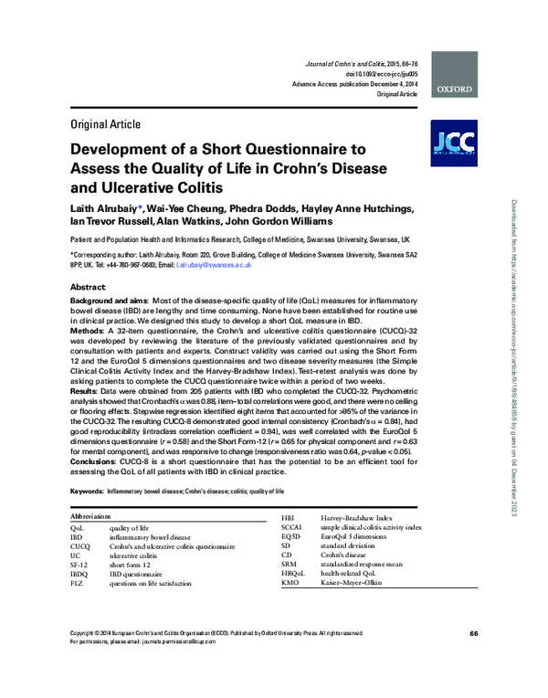 (PDF) Development of a Short Questionnaire to Assess the Quality of Life in Crohn’s Disease and ...