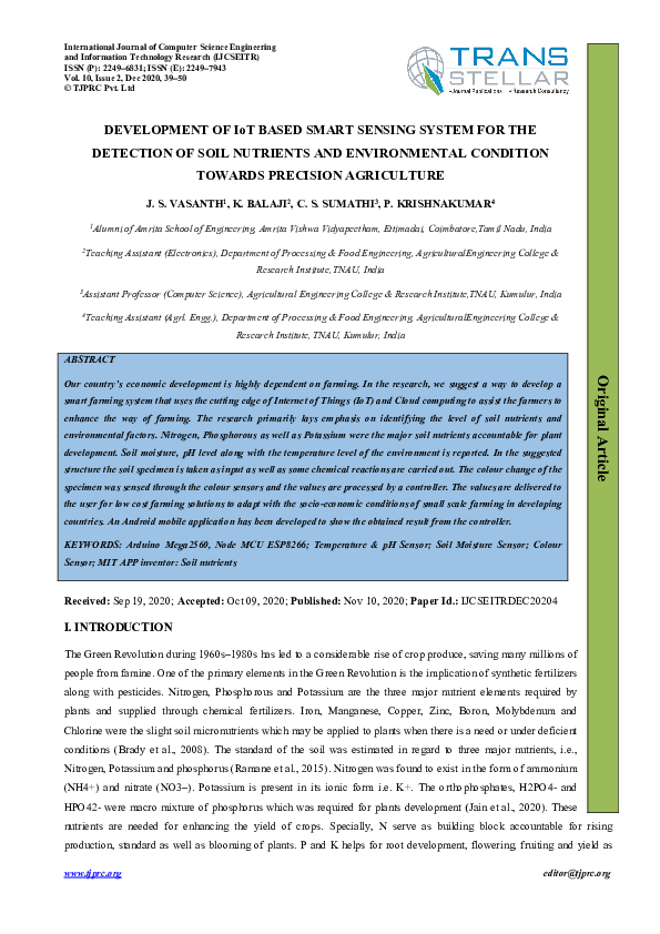 Pdf Development Of Iot Based Smart Sensing System For The Detection