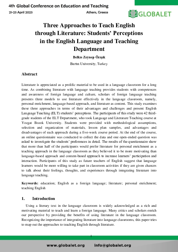(PDF) Three Approaches to Teach English through Literature: Students ...