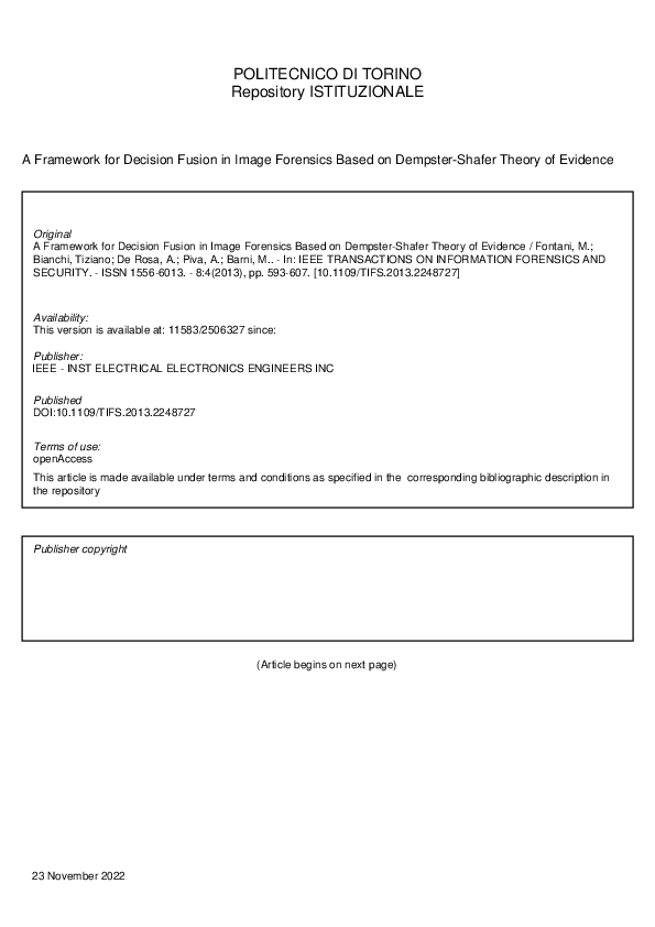 (PDF) A Framework for Decision Fusion in Image Forensics Based on Dempster–Shafer Theory of Evidence