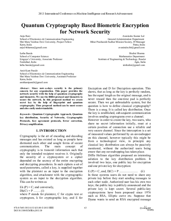 (PDF) Quantum Cryptography Based Biometric Encryption for Network Security