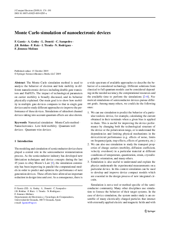 (PDF) Monte Carlo simulation of nanoelectronic devices