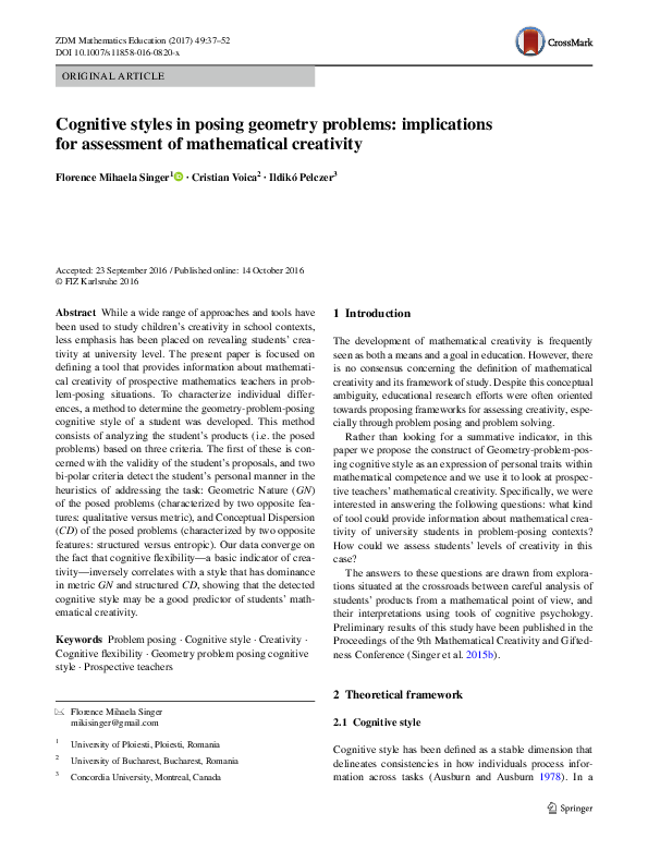 (PDF) Cognitive styles in posing geometry problems: implications for ...