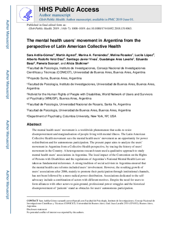 (PDF) The mental health users’ movement in Argentina from the ...