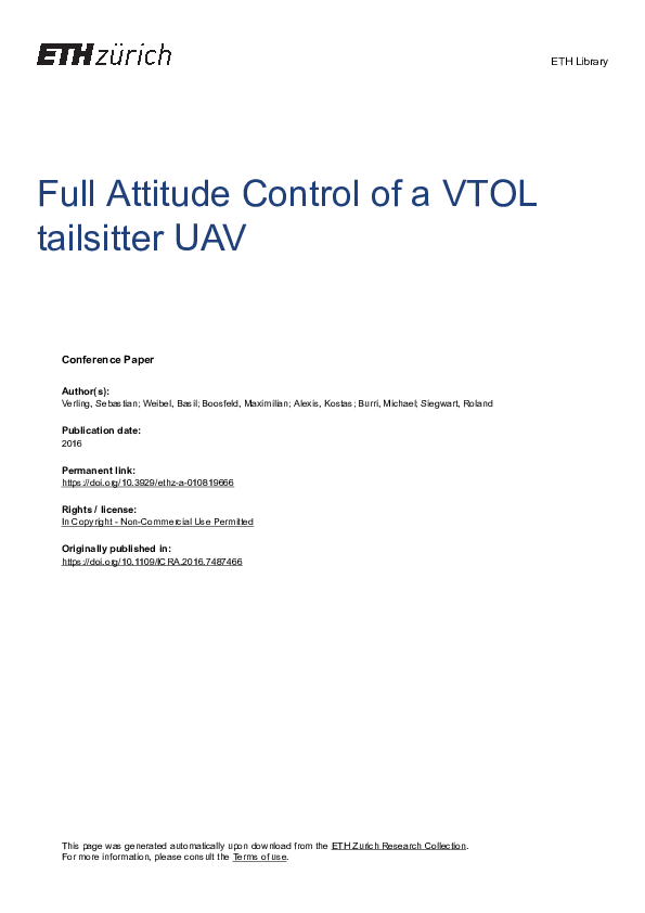 (PDF) Full Attitude Control of a VTOL tailsitter UAV