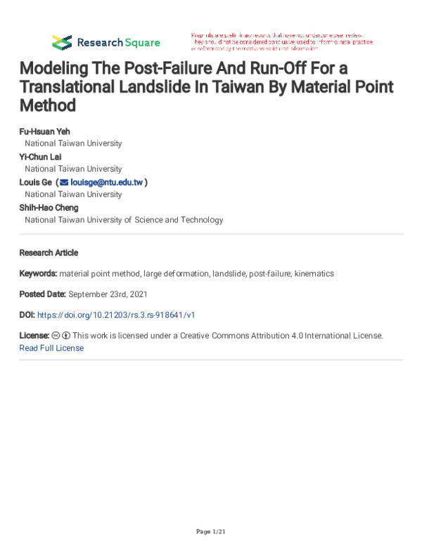 (PDF) Modeling The Post-Failure And Run-Off For a Translational Landslide In Taiwan By Material ...