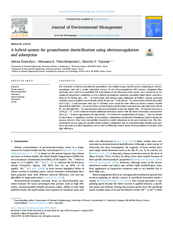 (PDF) A hybrid system for groundwater denitrification using electrocoagulation and adsorption