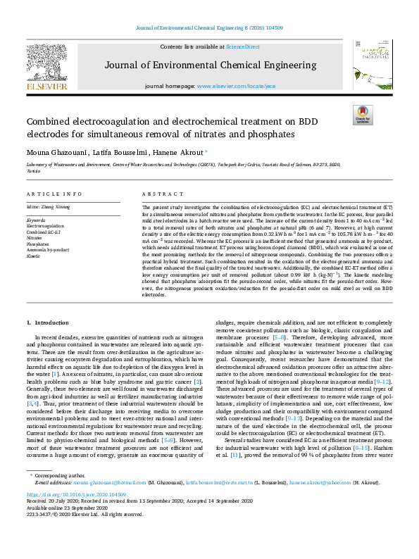 (PDF) Combined electrocoagulation and electrochemical oxidation treatment for groundwater ...