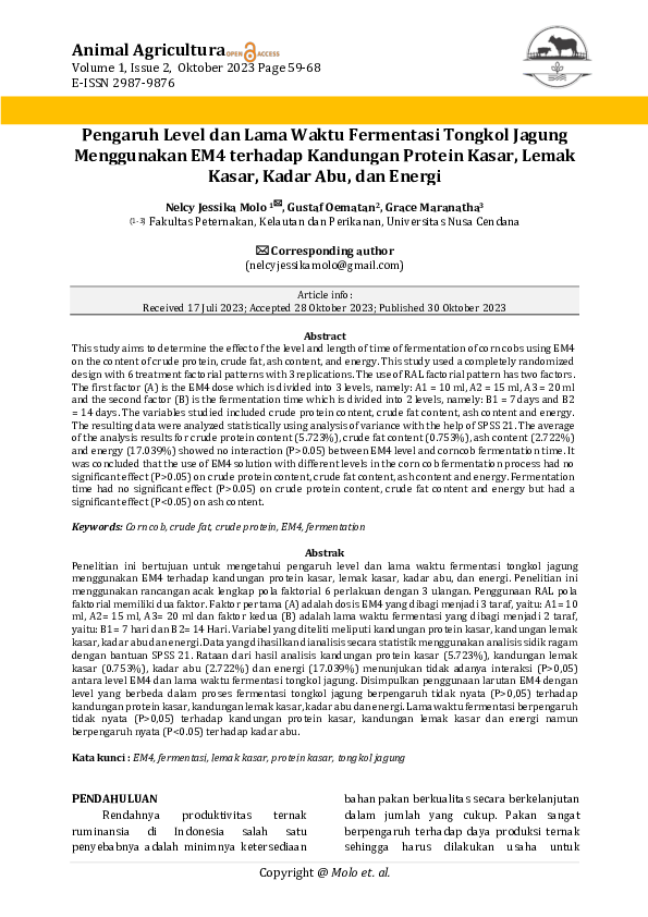 (PDF) Pengaruh Level dan Lama Waktu Fermentasi Tongkol Jagung Menggunakan EM4 terhadap Kandungan ...
