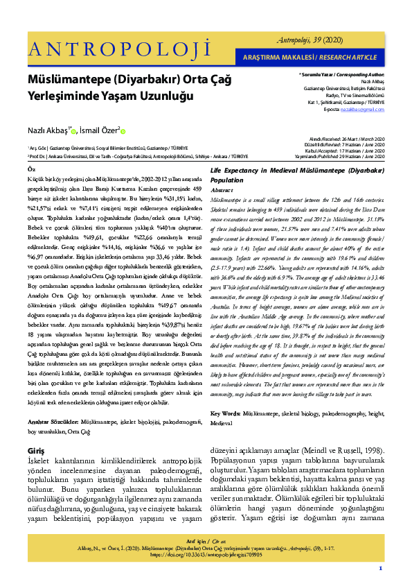 (PDF) Life Expectancy in Medieval Müslümantepe (Diyarbakır) Population