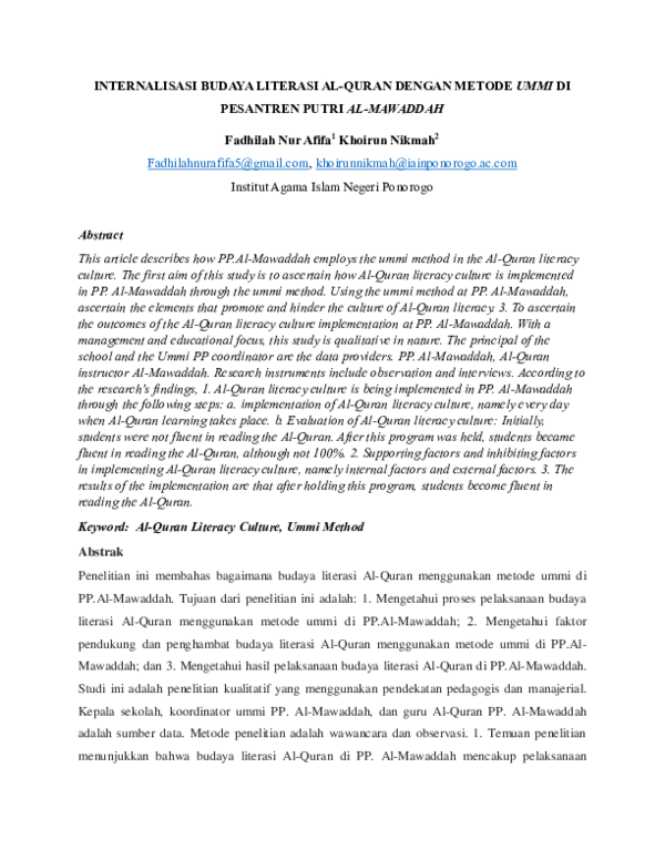 (PDF) INTERNALISASI BUDAYA LITERASI AL-QURAN DENGAN METODE UMMI DI PESANTREN PUTRI AL-MAWADDAH