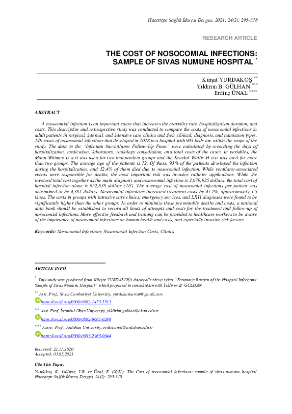 (PDF) The Cost of Nosocomial Infections: Sample of Sivas Numune Hospital
