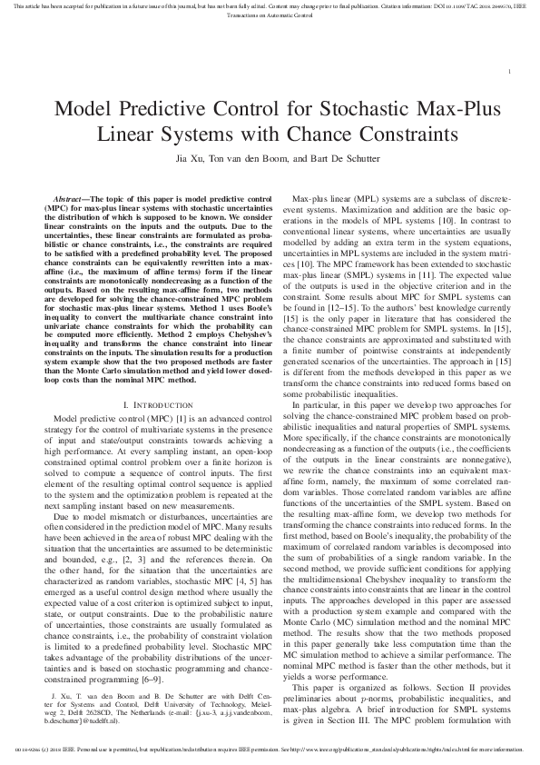 (PDF) Model Predictive Control for Stochastic Max-Plus Linear Systems With Chance Constraints