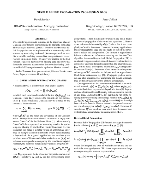 (PDF) Stable Belief Propagation in Gaussian Dags