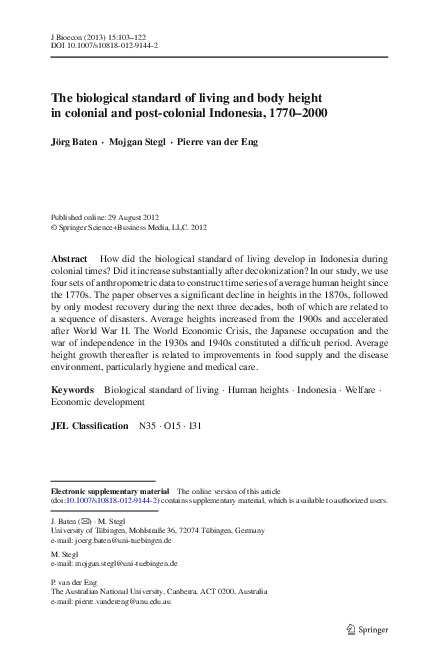 (PDF) The biological standard of living and body height in colonial and ...