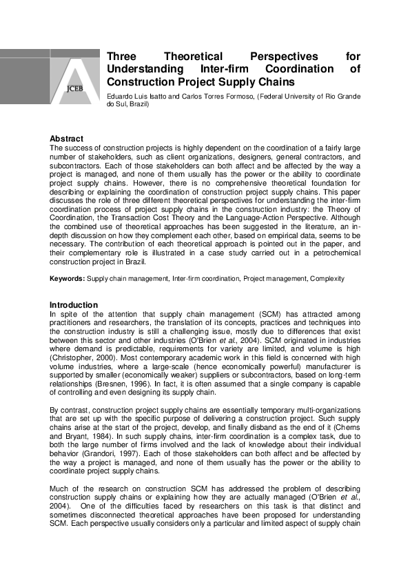 (PDF) Three Theoretical Perspectives for Understanding Inter-firm Coordination of Construction ...