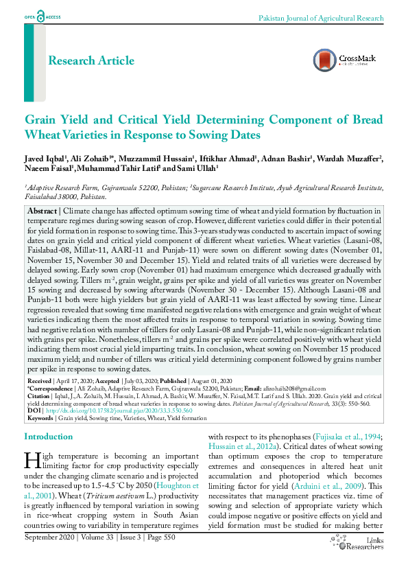 (PDF) Grain Yield and Critical Yield Determining Component of Bread Wheat Varieties in Response ...
