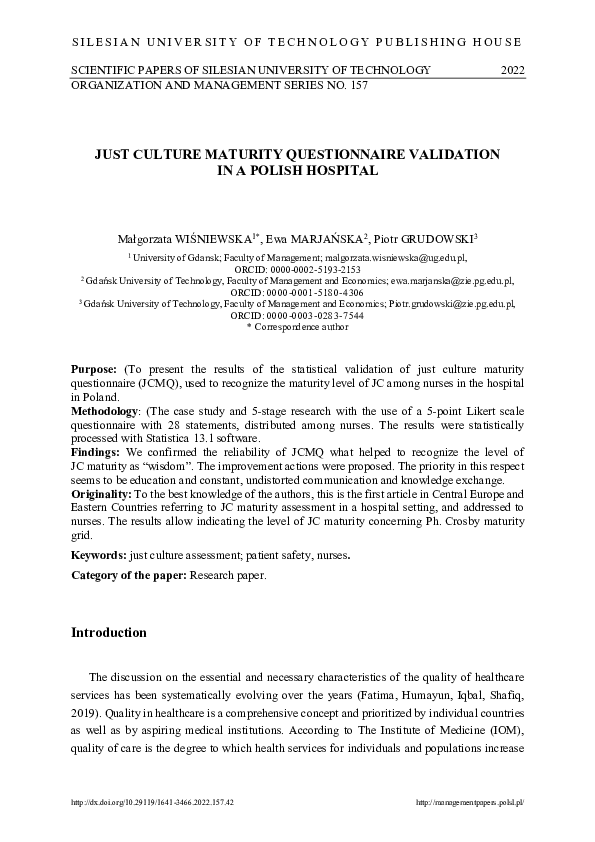 (PDF) Just Culture Maturity Questionnaire Validation in a Polish Hospital