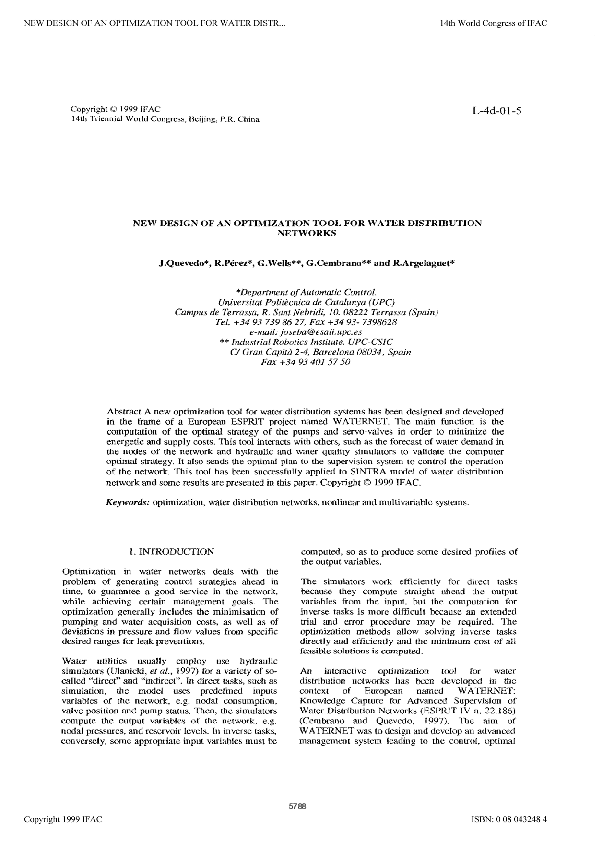 Pdf New Design Of An Optimization Tool For Water Distribution Networks