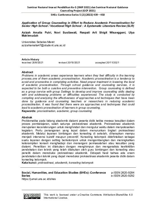 (PDF) Application of Group Counseling in Effort to Reduce Academic Procrastination for Senior ...