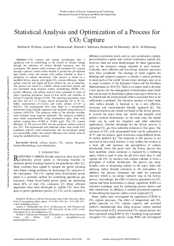 Pdf Statistical Analysis And Optimization Of A Process For Co2 Capture