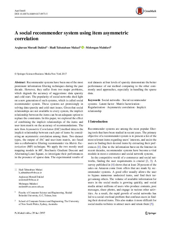 (PDF) A social recommender system using item asymmetric correlation