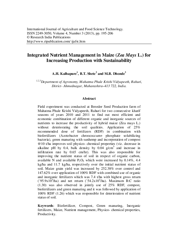 (PDF) Integrated Nutrient Management in Maize ( Zea Mays L . ) for ...