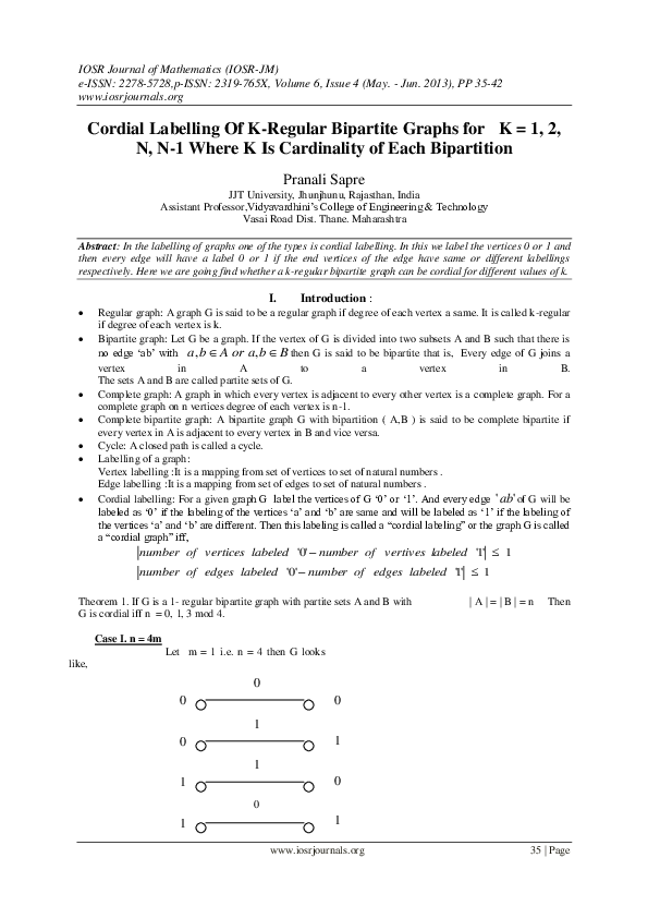 (PDF) Cordial Labelling Of K-Regular Bipartite Graphs for K = 1, 2, N ...